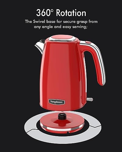 Electric Tea Kettles 1500W for Boiling Water, Longdeem Retro 1.7L Stainless Steel Hot Water Boiler with Automatic Shut Off & Boil-Dry Protection, BPA Free, Red