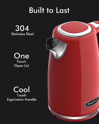 Electric Tea Kettles 1500W for Boiling Water, Longdeem Retro 1.7L Stainless Steel Hot Water Boiler with Automatic Shut Off & Boil-Dry Protection, BPA Free, Red