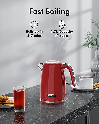 Electric Tea Kettles 1500W for Boiling Water, Longdeem Retro 1.7L Stainless Steel Hot Water Boiler with Automatic Shut Off & Boil-Dry Protection, BPA Free, Red