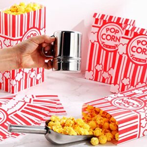 202 Pcs Popcorn Machine Supplies Set, 200 Pcs 2Oz Retro Style Disposable Oilproof Popcorn paper Bags Bulk with 304 Stainless Steel Popcorn Scoop, 304 Stainless Steel Season Salt Shaker with Handle Lid