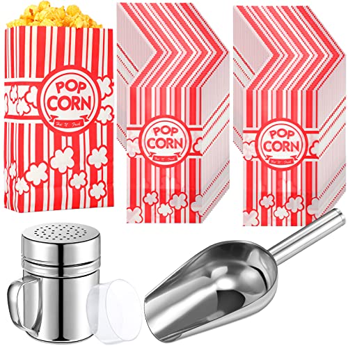 202 Pcs Popcorn Machine Supplies Set, 200 Pcs 2Oz Retro Style Disposable Oilproof Popcorn paper Bags Bulk with 304 Stainless Steel Popcorn Scoop, 304 Stainless Steel Season Salt Shaker with Handle Lid