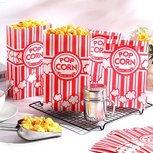 202 Pcs Popcorn Machine Supplies Set, 200 Pcs 2Oz Retro Style Disposable Oilproof Popcorn paper Bags Bulk with 304 Stainless Steel Popcorn Scoop, 304 Stainless Steel Season Salt Shaker with Handle Lid