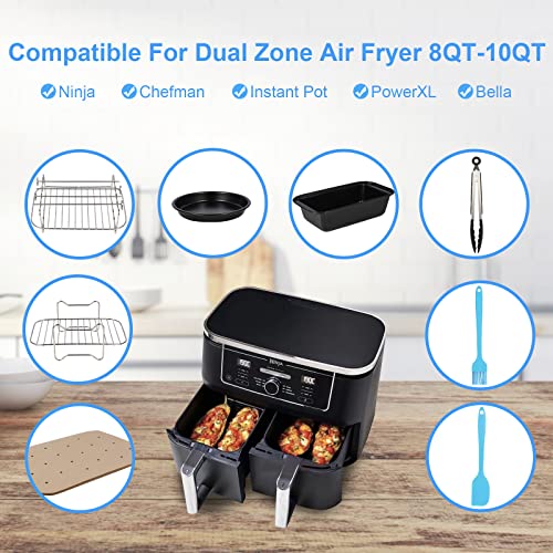 Dual Basket Air Fryer Accessories, Set of 8 Fit for Ninja Dual Air Fryer DZ201, DZ401 & Most 3.7Qt and Larger Dual Zone Air Fryers, Food Safe Accessories, 100 Pcs Disposable Parchment Air Fryer Liners