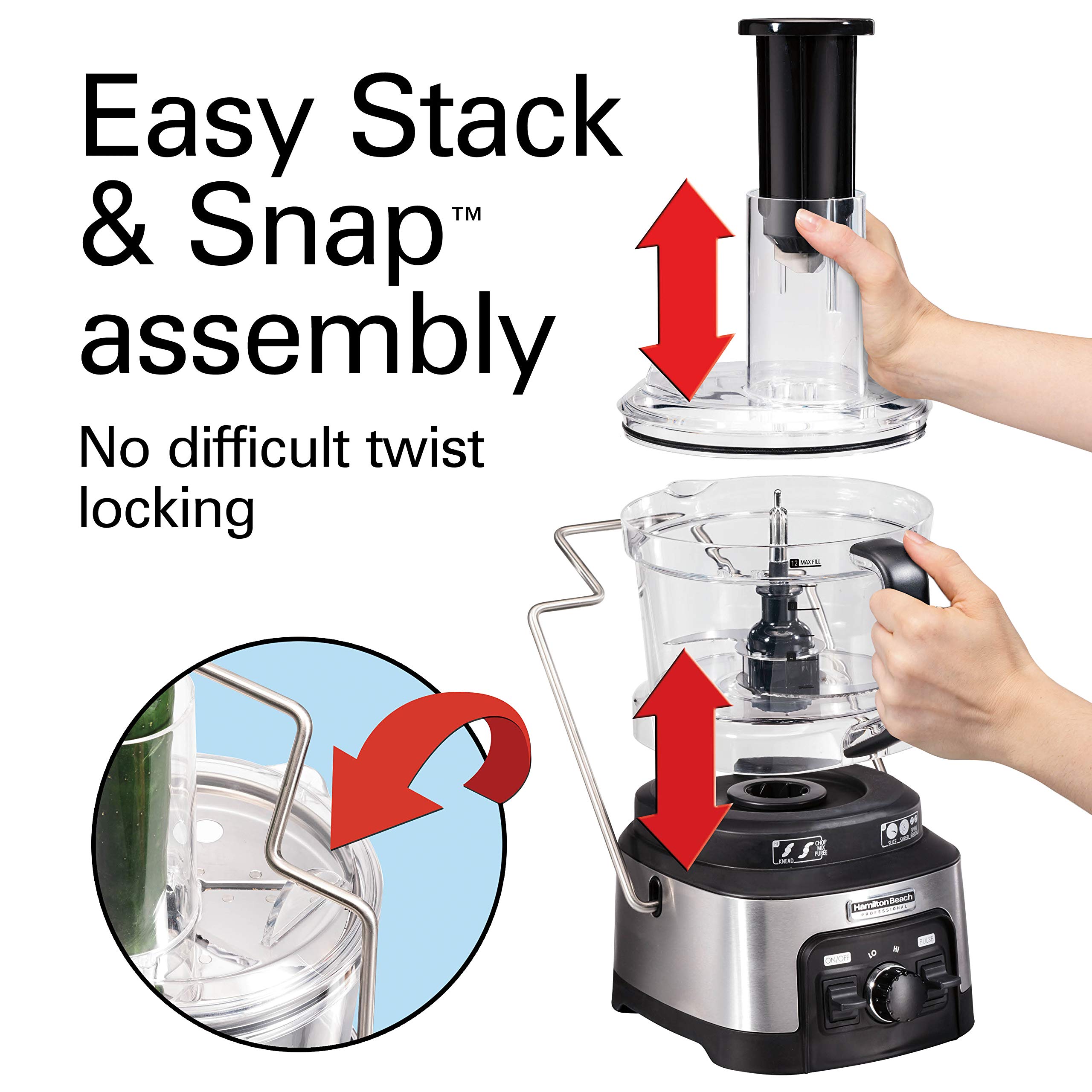 Hamilton Beach Professional Stack & Snap Food Processor & Veggie Spiralizer for Slicing, Shredding and Kneading, Extra-Large 3" Feed Chute Fits Whole Vegetables, 12 Cups, Stainless Steel (70815)