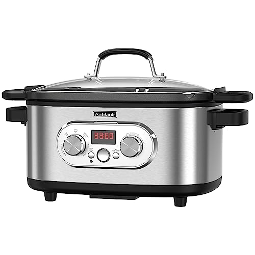 Anfilank 8-in-1 Multi-Cooker, Programmable 6.8 Quart Slow Cooker, Presets to Sous Vide, Bake, Sauté, Cook Rice & More; with Sous Vide Rack, Steam Rack, Slotted Spoon and Glass Lid, Adjustable Temp&Time for Slow Cook with LED Display.