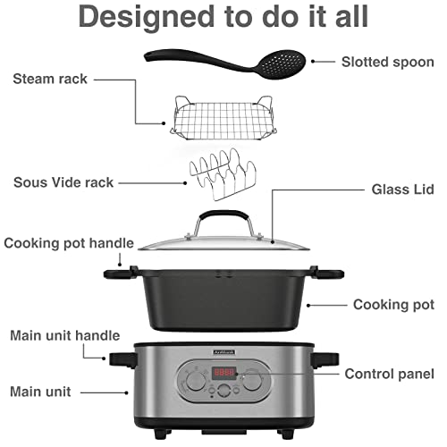 Anfilank 8-in-1 Multi-Cooker, Programmable 6.8 Quart Slow Cooker, Presets to Sous Vide, Bake, Sauté, Cook Rice & More; with Sous Vide Rack, Steam Rack, Slotted Spoon and Glass Lid, Adjustable Temp&Time for Slow Cook with LED Display.