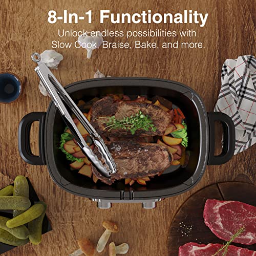 Anfilank 8-in-1 Multi-Cooker, Programmable 6.8 Quart Slow Cooker, Presets to Sous Vide, Bake, Sauté, Cook Rice & More; with Sous Vide Rack, Steam Rack, Slotted Spoon and Glass Lid, Adjustable Temp&Time for Slow Cook with LED Display.