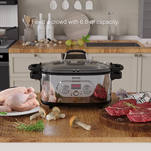 Anfilank 8-in-1 Multi-Cooker, Programmable 6.8 Quart Slow Cooker, Presets to Sous Vide, Bake, Sauté, Cook Rice & More; with Sous Vide Rack, Steam Rack, Slotted Spoon and Glass Lid, Adjustable Temp&Time for Slow Cook with LED Display.