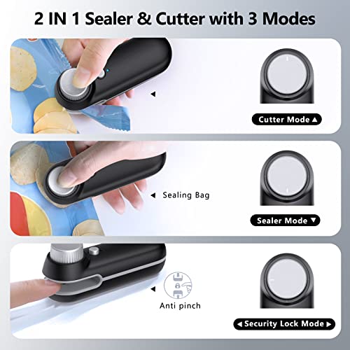 Cheweetty Mini Bag Sealer, Handheld Heat Sealer, Upgraded 2 IN 1 Heat Sealer & Cutter USB Rechargeable, Portable Resealer Machine Kitchen Gadget for Plastic Bag Chip Bag Food Snack Storage(Balck)