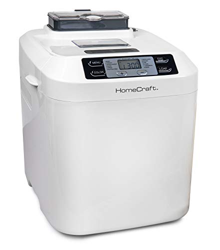 HomeCraft HCPBMAD2WH Bread Maker with Auto Fruit & Nut Dispenser Makes 2 Lb. Loaf Size, 3 Crust Options, Programmable Settings, 14"D x 16"W x 12"H, White