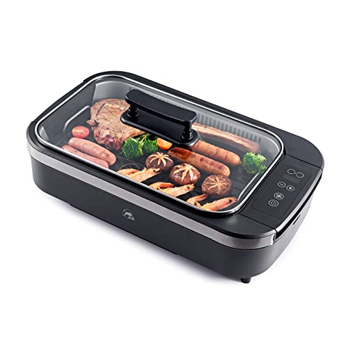 X&E Smokeless Indoor Grill, 6 heating tubes, 1500W indoor grill,Smoke Extractor Technology,Tempered Glass Lid, 15*9 Nonstick Removable Surface, Touch Screen, Dishwasher-Safe, Black Portable BBQ Electric Grill.