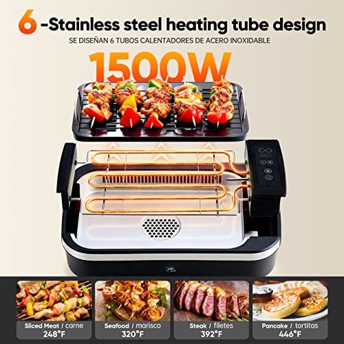 X&E Smokeless Indoor Grill, 6 heating tubes, 1500W indoor grill,Smoke Extractor Technology,Tempered Glass Lid, 15*9 Nonstick Removable Surface, Touch Screen, Dishwasher-Safe, Black Portable BBQ Electric Grill.