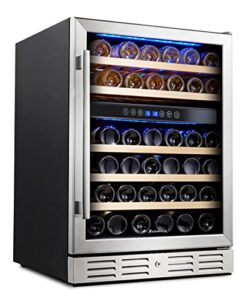 kalamera 24 inch wine cooler, 46 bottle - dual zone built-in or freestanding fridge with stainless steel reversible glass door, for home, kitchen, or office.