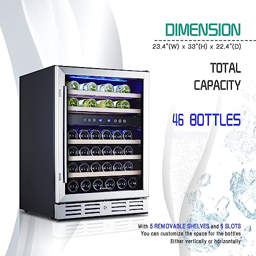 Kalamera 24 inch Wine Cooler, 46 Bottle - Dual Zone Built-in or Freestanding Fridge with Stainless Steel Reversible Glass Door, for Home, Kitchen, or Office.