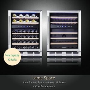 Kalamera 24 inch Wine Cooler, 46 Bottle - Dual Zone Built-in or Freestanding Fridge with Stainless Steel Reversible Glass Door, for Home, Kitchen, or Office.