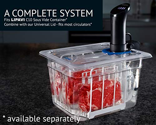 LIPAVI N10X Sous Vide Rack with Anti Float - fits LIPAVI C10 and other 12qt containers - Adjustable, Collapsible, Ensures Even Warming - White Polycarbonate, Stainless steel weights