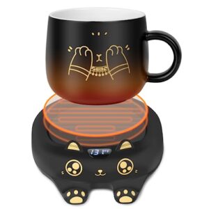 pusee mug warmer with mug, cute coffee warmer for desk coffee cup warmer auto shut off, electric candle warmer with 3 temp settings,coffee warmer with cup set coffee gifts birthday gift office gifts