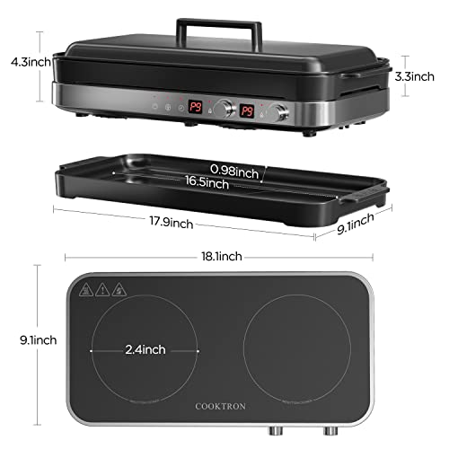 Portable Induction Cooktop 2 Burner with Removable Iron Cast Griddle Pan Non-stick, COOKTRON 1800W Double Induction Cooktop with Child Safety Lock & Time, Great for Family Party