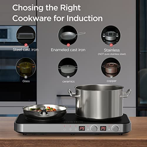 Portable Induction Cooktop 2 Burner with Removable Iron Cast Griddle Pan Non-stick, COOKTRON 1800W Double Induction Cooktop with Child Safety Lock & Time, Great for Family Party