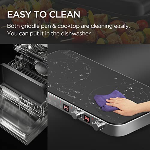 Portable Induction Cooktop 2 Burner with Removable Iron Cast Griddle Pan Non-stick, COOKTRON 1800W Double Induction Cooktop with Child Safety Lock & Time, Great for Family Party