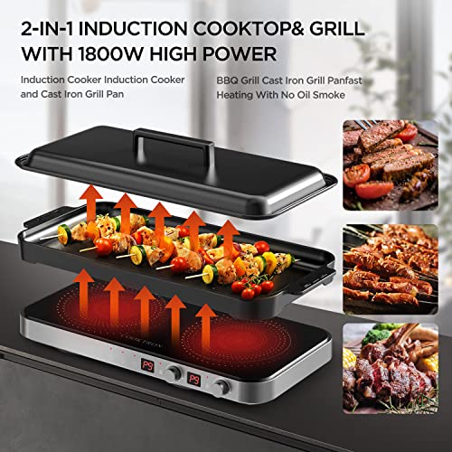 Portable Induction Cooktop 2 Burner with Removable Iron Cast Griddle Pan Non-stick, COOKTRON 1800W Double Induction Cooktop with Child Safety Lock & Time, Great for Family Party