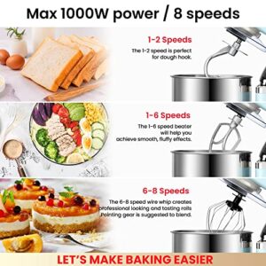 HAUSWIRT Stand Mixer,1000W 8+P Speed Tilt-Head Kitchen Mixers with LCD Display Timer,Planetary Mixing Food Mixer with Stainless Steel Bowl,Dough Hook, Beater & Wire Whip