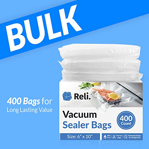 Reli. Vacuum Sealer Bags 6x10" | 400 Bags - Bulk | Pre-Cut Embossed Vacuum Bags for Food | BPA Free | Vacuum Sealer Bags for Sous Vide, Food Storage/Food Prep | Pint Size, Clear