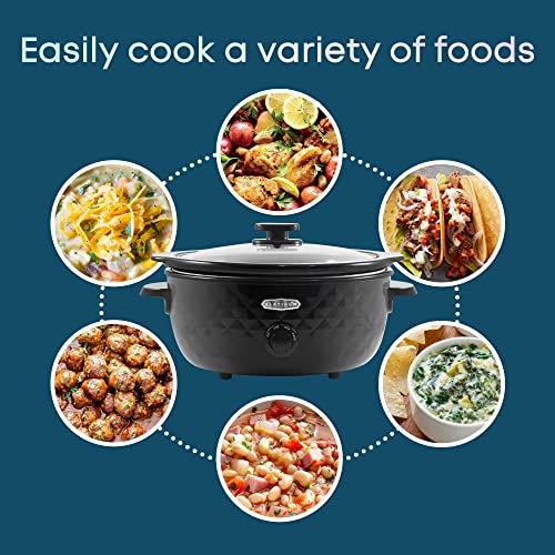 Elite Gourmet MST1234BX Diamond Pattern Slow Cooker Removable, Dishwasher-Safe Stoneware Pot with Tempered Glass Lid, Cool-Touch Handles, 6 Quart, Charcoal Black