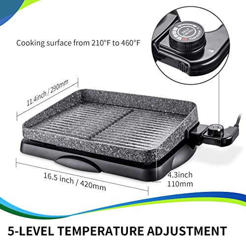 Indoor Grill Electric Korean BBQ Grill Nonstick, Removable Griddle Contact Grilling with Smart 5-Heat Temp Controller, kbbq Fast Heat Up Family Size 14 inch Tabletop Plate PFOA-Free, 1500W Gray