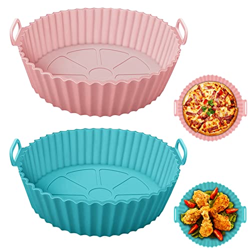 2 Pack Silicone Air Fryer Liners, 8 Inch Reusable Air Fryer Silicone Pot Round Air Fryer Silicone Basket for 3.5 to 7 QT for Baking Oven Microwave Accessories (Pink+Blue)