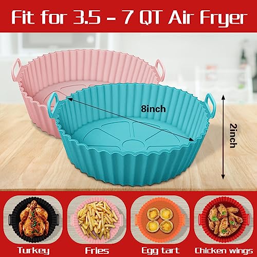 2 Pack Silicone Air Fryer Liners, 8 Inch Reusable Air Fryer Silicone Pot Round Air Fryer Silicone Basket for 3.5 to 7 QT for Baking Oven Microwave Accessories (Pink+Blue)