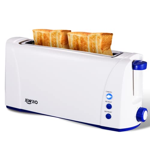 JEWJIO Long Slot White Toaster 2 Slice With Blue Buttom, 1.5” Wide Slot Best Slim 2 Slice Toaster, One Long Slot Toaster with Defrost/Reheat/Cancel/6 Bread Shade Settings/Removable Crumb Tray, Easy to Storage in Kitchen, RV, Sideboard, 1000W