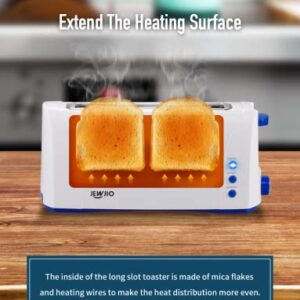 JEWJIO Long Slot White Toaster 2 Slice With Blue Buttom, 1.5” Wide Slot Best Slim 2 Slice Toaster, One Long Slot Toaster with Defrost/Reheat/Cancel/6 Bread Shade Settings/Removable Crumb Tray, Easy to Storage in Kitchen, RV, Sideboard, 1000W