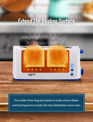 JEWJIO Long Slot White Toaster 2 Slice With Blue Buttom, 1.5” Wide Slot Best Slim 2 Slice Toaster, One Long Slot Toaster with Defrost/Reheat/Cancel/6 Bread Shade Settings/Removable Crumb Tray, Easy to Storage in Kitchen, RV, Sideboard, 1000W