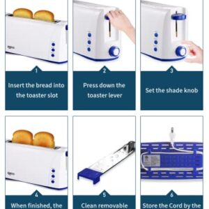 JEWJIO Long Slot White Toaster 2 Slice With Blue Buttom, 1.5” Wide Slot Best Slim 2 Slice Toaster, One Long Slot Toaster with Defrost/Reheat/Cancel/6 Bread Shade Settings/Removable Crumb Tray, Easy to Storage in Kitchen, RV, Sideboard, 1000W