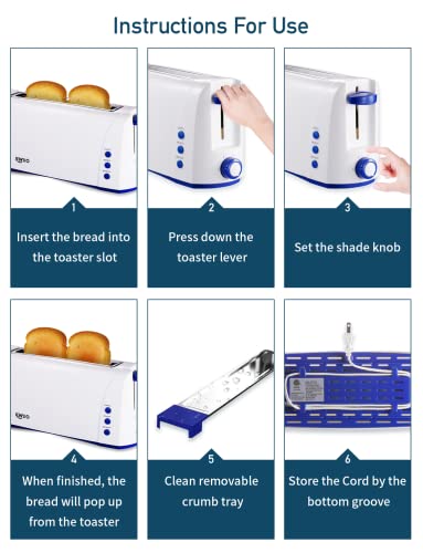 JEWJIO Long Slot White Toaster 2 Slice With Blue Buttom, 1.5” Wide Slot Best Slim 2 Slice Toaster, One Long Slot Toaster with Defrost/Reheat/Cancel/6 Bread Shade Settings/Removable Crumb Tray, Easy to Storage in Kitchen, RV, Sideboard, 1000W