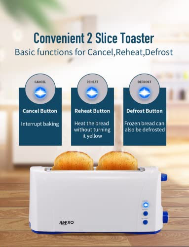 JEWJIO Long Slot White Toaster 2 Slice With Blue Buttom, 1.5” Wide Slot Best Slim 2 Slice Toaster, One Long Slot Toaster with Defrost/Reheat/Cancel/6 Bread Shade Settings/Removable Crumb Tray, Easy to Storage in Kitchen, RV, Sideboard, 1000W