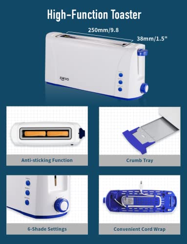 JEWJIO Long Slot White Toaster 2 Slice With Blue Buttom, 1.5” Wide Slot Best Slim 2 Slice Toaster, One Long Slot Toaster with Defrost/Reheat/Cancel/6 Bread Shade Settings/Removable Crumb Tray, Easy to Storage in Kitchen, RV, Sideboard, 1000W