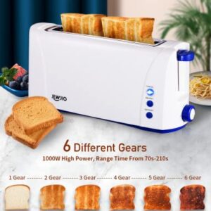 JEWJIO Long Slot White Toaster 2 Slice With Blue Buttom, 1.5” Wide Slot Best Slim 2 Slice Toaster, One Long Slot Toaster with Defrost/Reheat/Cancel/6 Bread Shade Settings/Removable Crumb Tray, Easy to Storage in Kitchen, RV, Sideboard, 1000W