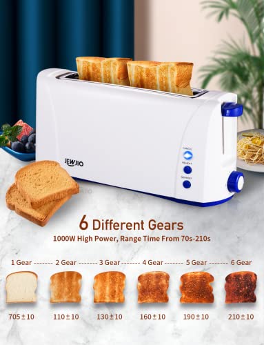 JEWJIO Long Slot White Toaster 2 Slice With Blue Buttom, 1.5” Wide Slot Best Slim 2 Slice Toaster, One Long Slot Toaster with Defrost/Reheat/Cancel/6 Bread Shade Settings/Removable Crumb Tray, Easy to Storage in Kitchen, RV, Sideboard, 1000W