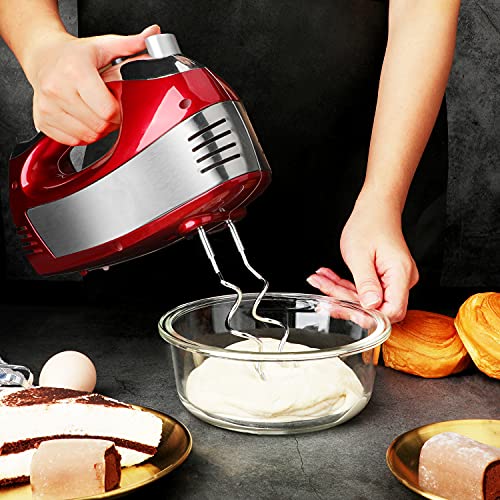 Hand Mixer Electric,HOMEJOY Upgrade 5-Speed Hand Mixer with Turbo,Kitchen Hand Held Mixer with Box,5 Stainless Steel Accessories, for Egg, Cake, Cream, Dough,Red