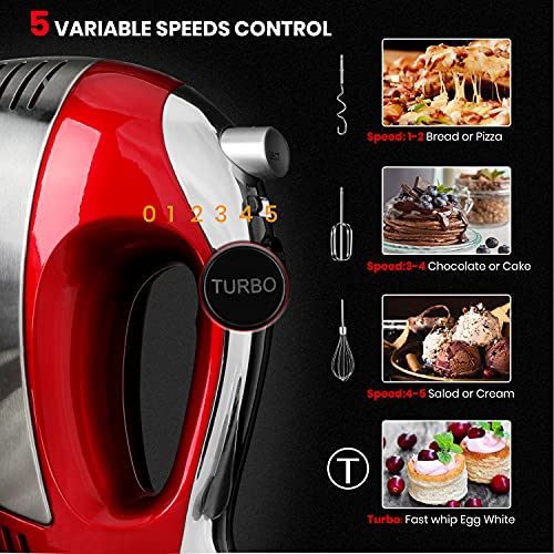 Hand Mixer Electric,HOMEJOY Upgrade 5-Speed Hand Mixer with Turbo,Kitchen Hand Held Mixer with Box,5 Stainless Steel Accessories, for Egg, Cake, Cream, Dough,Red