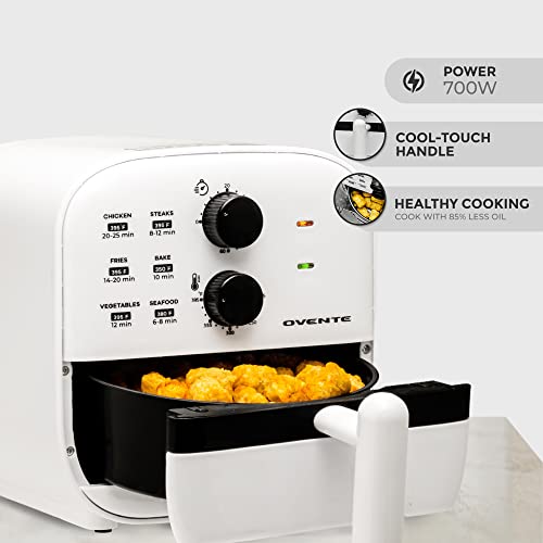 OVENTE Mini Air Fryer, 700W Power with 1 Liter Capacity, Indicator Lights, Adjustable Temperature & Timer, Perfect for Personal Use to Cook Healthy and Oilless Fry, Bake & Roast Food, White FAM21101W