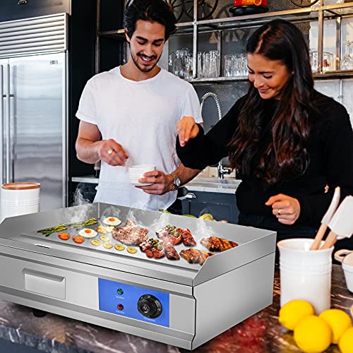 3000W 21.6" Electric Countertop Flat Top Griddle Grill Non-Stick Commercial Restaurant Teppanyaki Grill Stainless Steel Tabletop Flat Top Grill Machine with Adjustable Thermostatic Control,110V