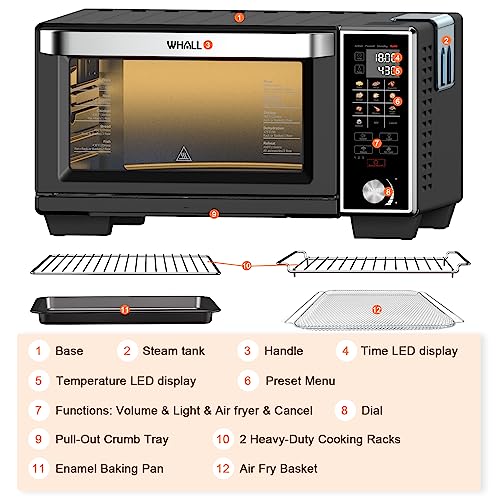 WHALL Toaster Oven Air Fryer, Max XL Large 30-Quart Smart Oven,11-in-1 Toaster Oven Countertop with Steam Function,12-inch Pizza,6 slices of Toast, 4 Accessories Included, Stainless Steel /1700W/BLACK