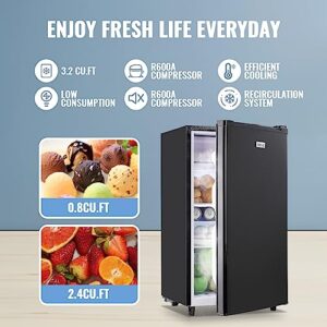 WANAI Single Door Fridge 3.2 Cu.Ft Refrigerator with Freezer, 5 Level Adjustable Thermostat, Fridge for Dorm Office Bedroom LED Light & Removable Glass Shelves, Black