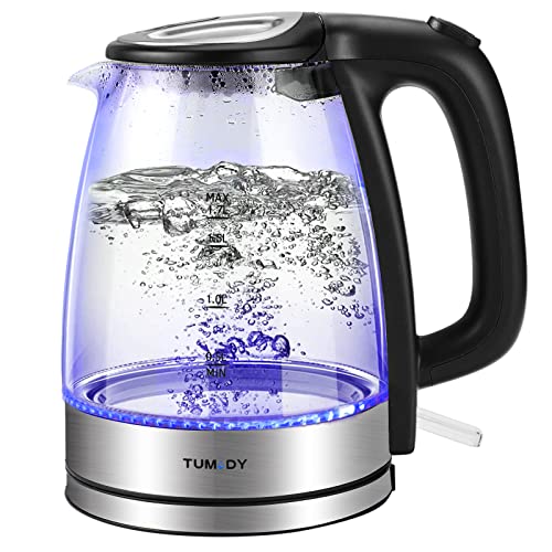 TUMIDY Glass Electric Kettle Water Boiler, 1.7L Fast Boil Auto Shut-Off Hot Water Kettle with Boil Dry Protection and LED Light, Built-in Mesh Filter Tea Kettle for Tea Coffee Hot Cocoa 1500W BPA Free