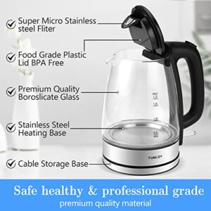 TUMIDY Glass Electric Kettle Water Boiler, 1.7L Fast Boil Auto Shut-Off Hot Water Kettle with Boil Dry Protection and LED Light, Built-in Mesh Filter Tea Kettle for Tea Coffee Hot Cocoa 1500W BPA Free