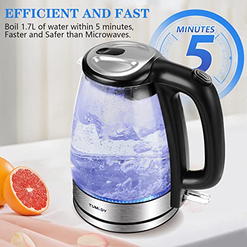 TUMIDY Glass Electric Kettle Water Boiler, 1.7L Fast Boil Auto Shut-Off Hot Water Kettle with Boil Dry Protection and LED Light, Built-in Mesh Filter Tea Kettle for Tea Coffee Hot Cocoa 1500W BPA Free