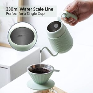 BUYDEEM CD2006B Portable Pour Over Gooseneck Coffee Kettle and Maker, Durable Pro 18/8 Pro Stainless Steel with Silicone Protection for Better Coffee Brewing, 330ml (Cozy Greenish)